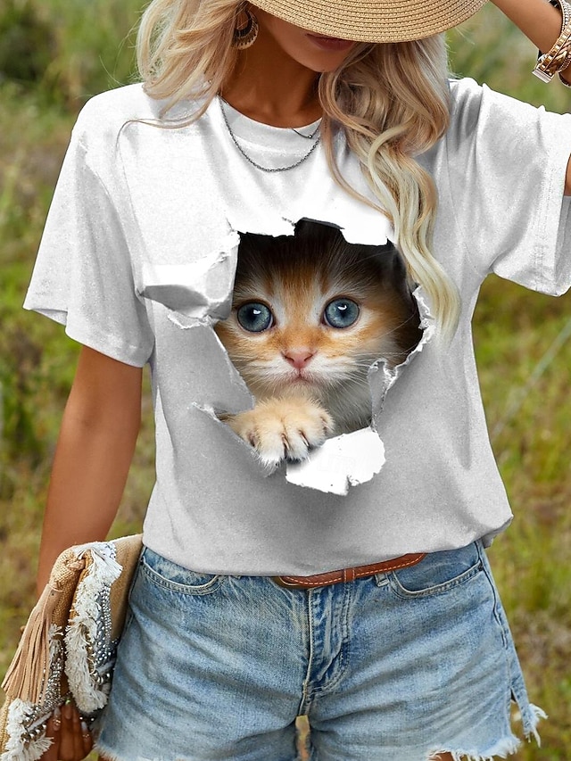 Women's T shirt Cute Kitten Peekaboo Graphic Crew Neck Short Sleeve ...