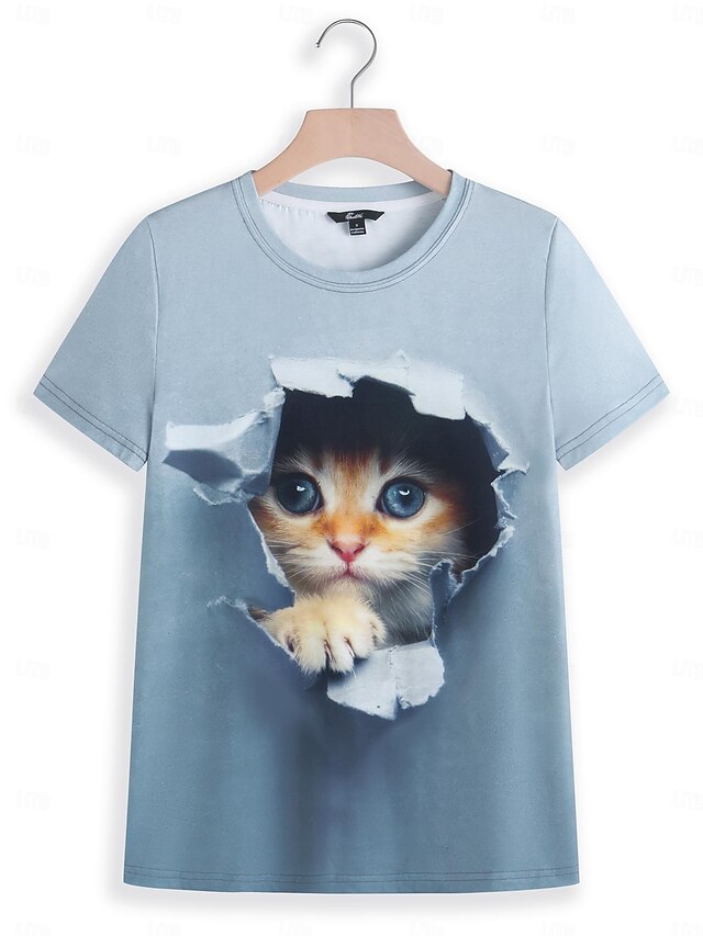 Women's T shirt Cute Kitten Peekaboo Graphic Crew Neck Short Sleeve ...