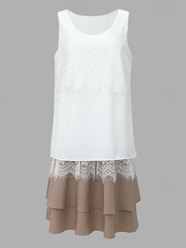 Women's White Dress Mini Dress Lace Ruffle Vacation Casual Crew Neck ...