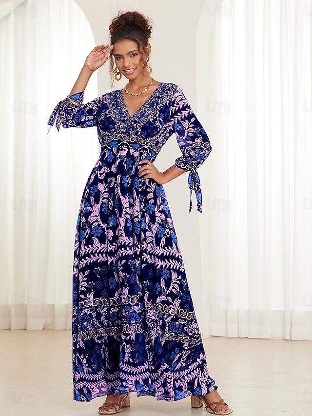 Women's Bohemian Maxi Dress V-Neck Long Sleeve Floral Belted Front Slit ...