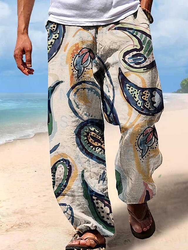 Mens Hawaiian Pants Trousers 3d Print Straight Leg Trousers Mid Waist