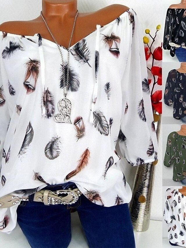 Women's Bohemian Blouse Feather Print Long Sleeve V-Neck Tie Strings ...