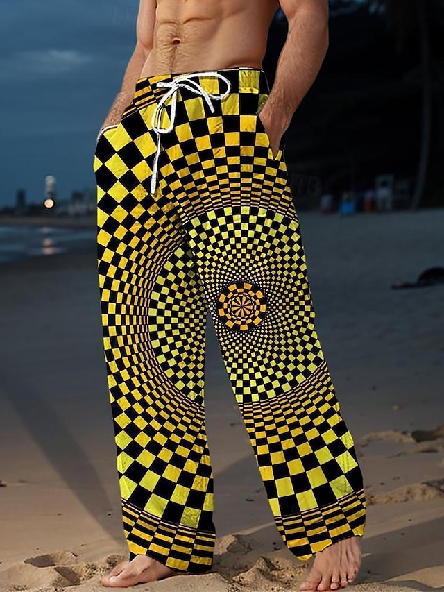 Mens Pants Trousers Mid Waist Drawstring Elastic Waist Hawaiian