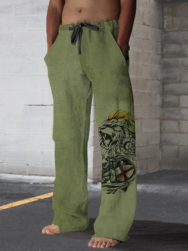 Mens Hawaiian Pants Trousers 3d Print Straight Leg Trousers Mid Waist