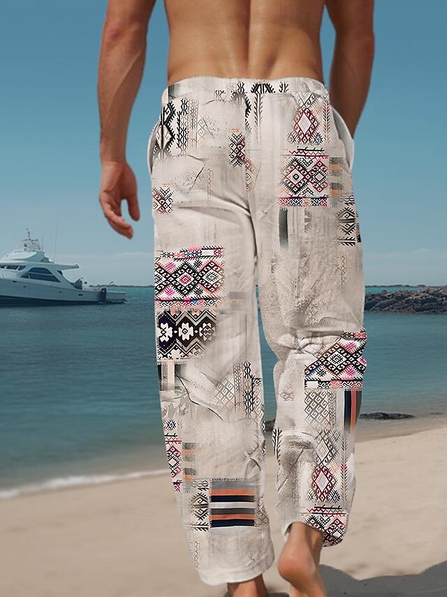 Mens Hawaiian Pants Trousers 3d Print Straight Leg Trousers Mid Waist