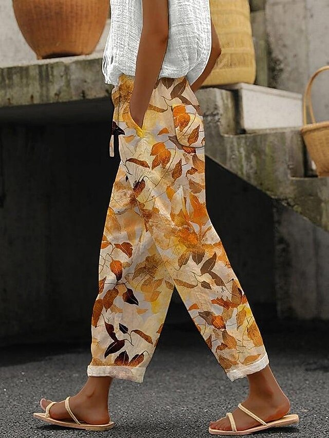 Women's Linen Like Pants Baggy Pants Casual Daily Long Floral ...