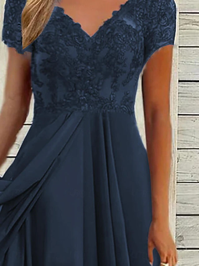 Women's Midi Dress V-neck Lace Detail Short Sleeve Chiffon Flowy Blue ...