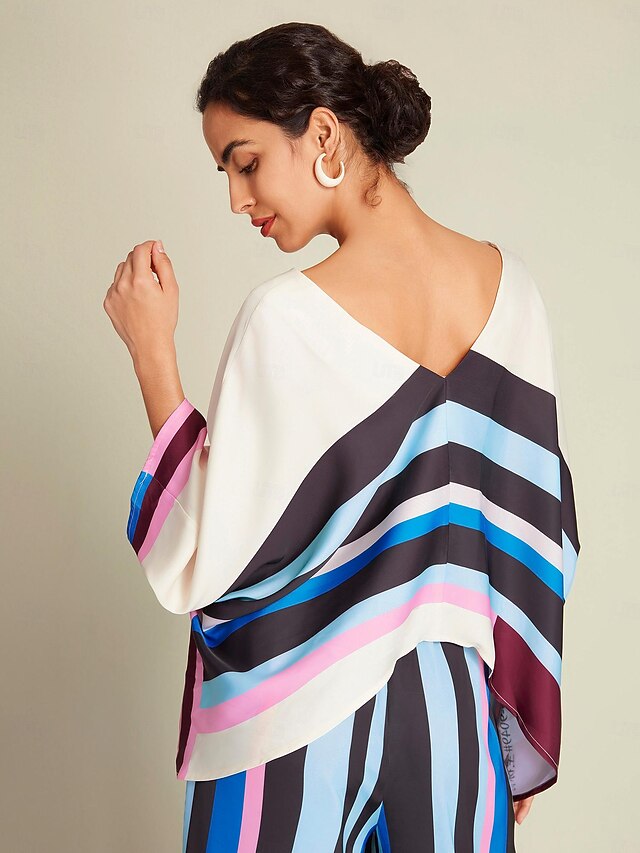 Satin V Neck Geometric Print Poncho Blouse 2024 - $35