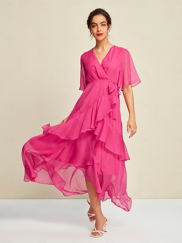 Pink Chiffon Wedding Guest/Party Solid Ruffle Sleeve Elegant Maxi Dress ...