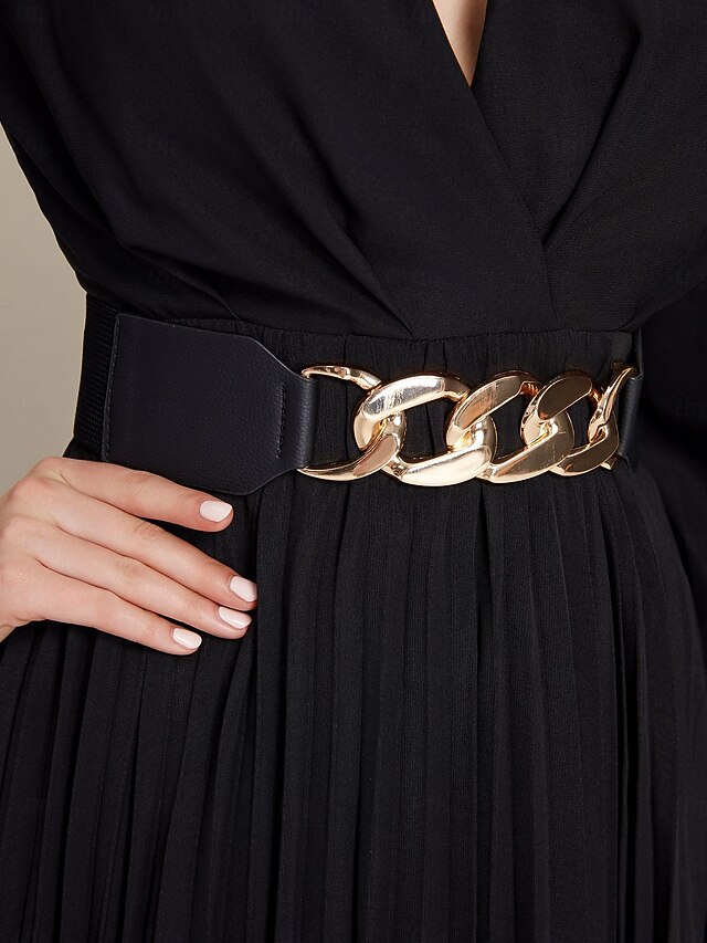 Black Satin Pleated Party/Wedding Guest Deep V Long Sleeve Belted Maxi ...