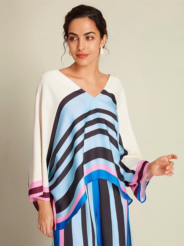 Satin V Neck Geometric Print Poncho Blouse 2024 - $35