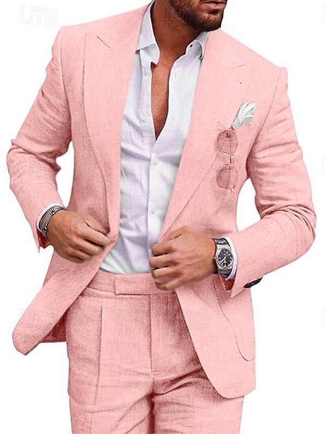 Men's Linen Suits Beach Wedding Summer Suits Solid Colored 2 Piece ...
