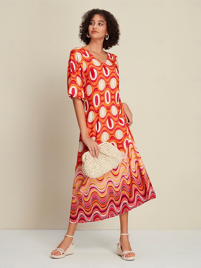 Satin Lines Waves V Neck Half Sleeve Maxi Dress 2026 - $19.99