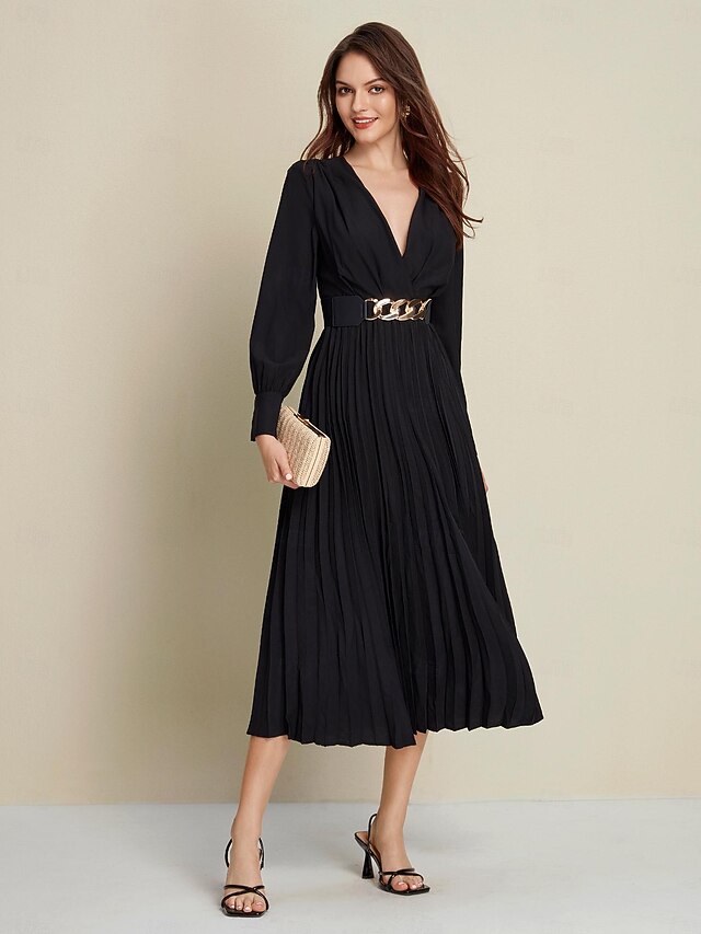 Black Satin Pleated Party/Wedding Guest Deep V Long Sleeve Belted Maxi ...