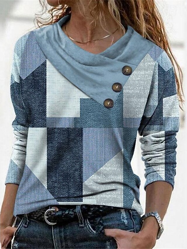 Women's T Shirt Geometric Abstract Daily Basic Long Sleeve Pile Neck V ...