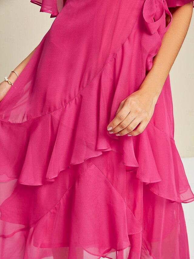Pink Chiffon Wedding Guest/Party Solid Ruffle Sleeve Elegant Maxi Dress ...