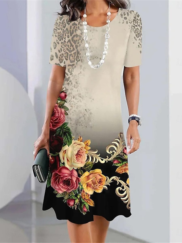 Women's Floral Print Crew Neck Mini Dress Stylish Formal Cocktail Party ...