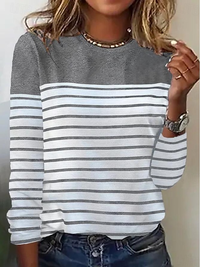Women's T Shirt Striped Basic Long Sleeve Round Neck Regular Tops Daily ...