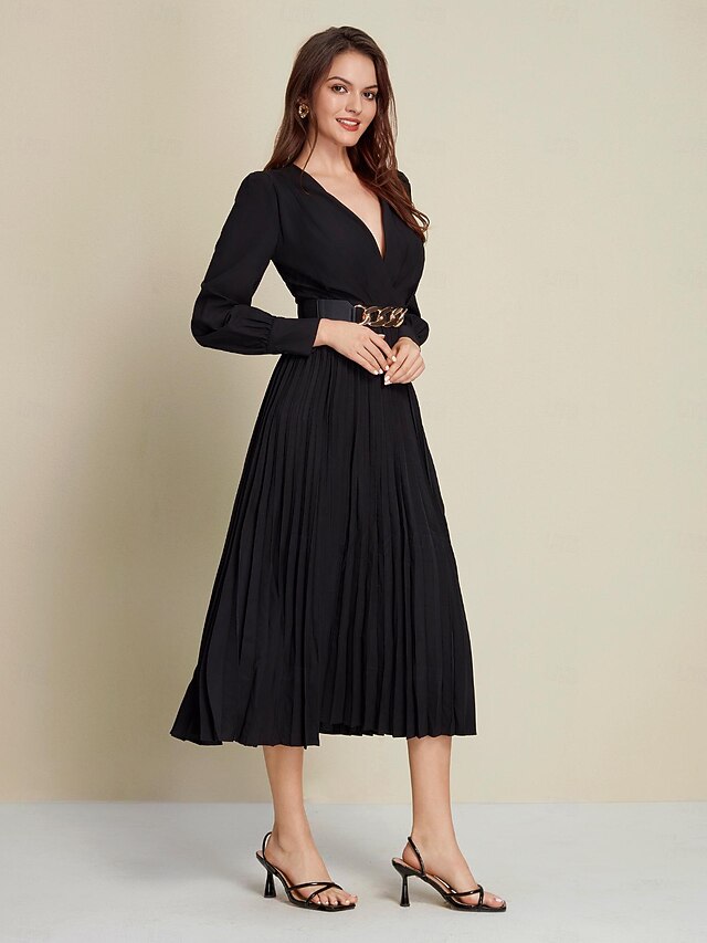 Black Satin Pleated Party/Wedding Guest Deep V Long Sleeve Belted Maxi ...