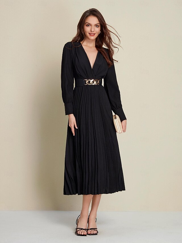 Black Satin Pleated Party/Wedding Guest Deep V Long Sleeve Belted Maxi ...