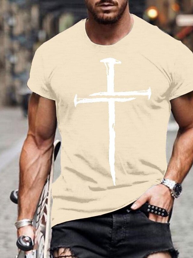 Men's Casual Short Sleeve Graphic T-Shirt with Beige Nail Cross Faith ...