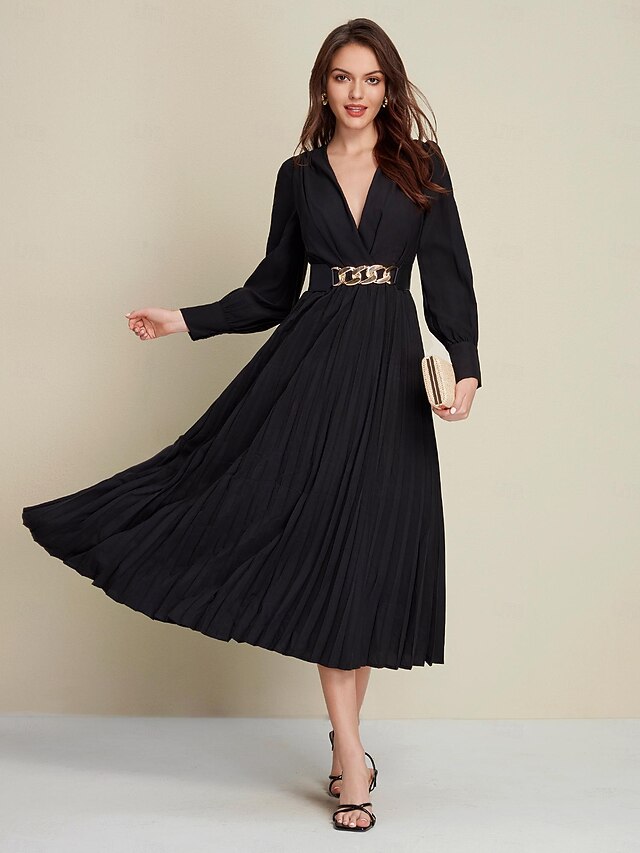 Black Satin Pleated Party/Wedding Guest Deep V Long Sleeve Belted Maxi ...