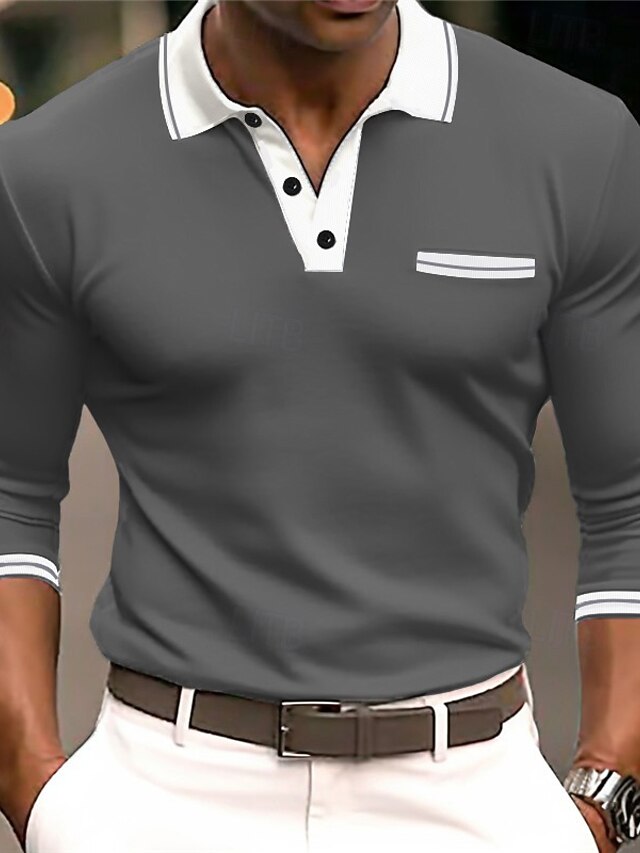Men's Polo Shirt Button Up Polos Casual Holiday Lapel Long Sleeve ...
