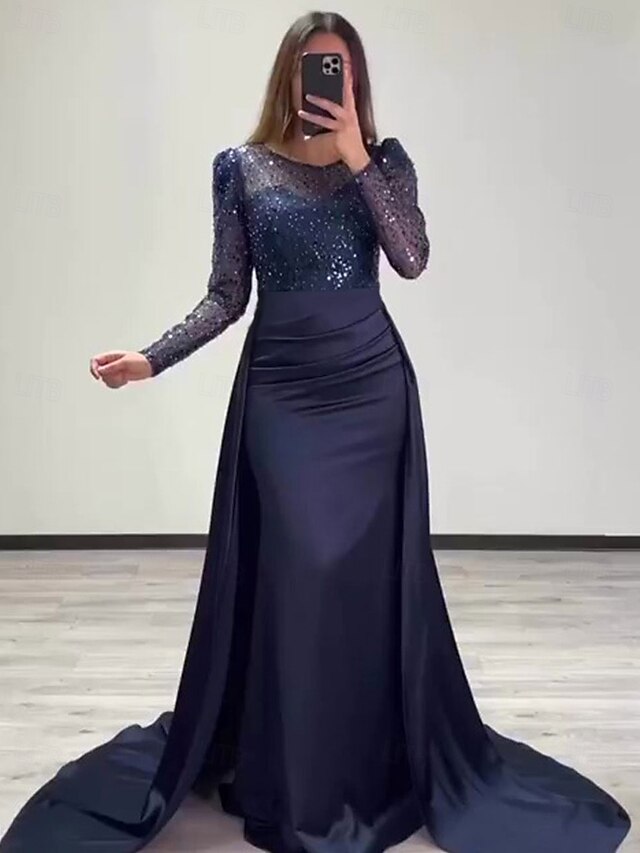 Mermaid Sequin Evening Gown Ruched Champagne Satin Dress Long Sleeves ...