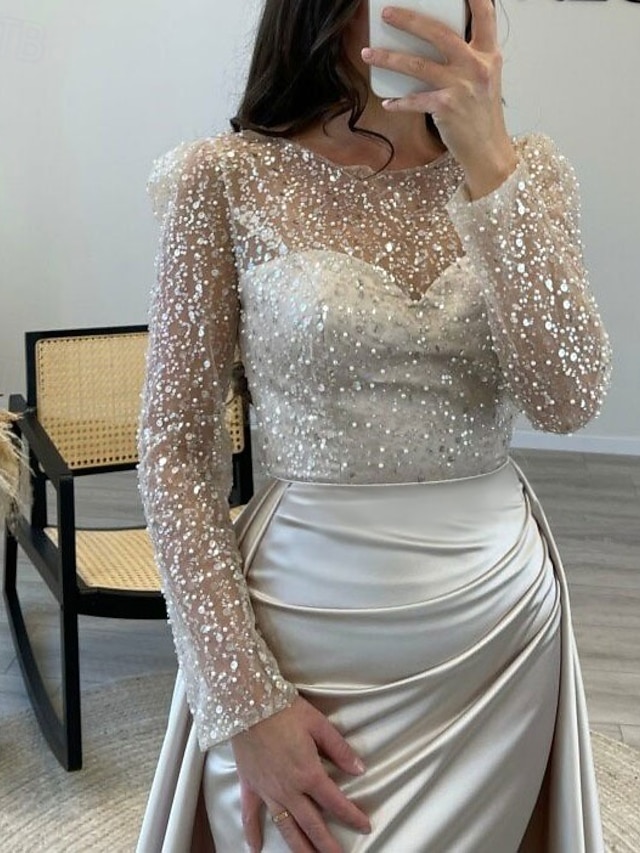 Mermaid Sequin Evening Gown Ruched Champagne Satin Dress Long Sleeves ...