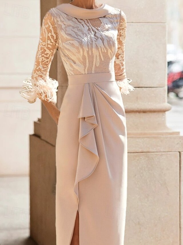 Sheath Mother of the Bride Dress Elegant Simple High Neck Tea Length ...