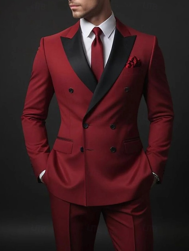Men's Wedding Party Suits Red Luxury Formal Solid Colored Tailored Fit ...