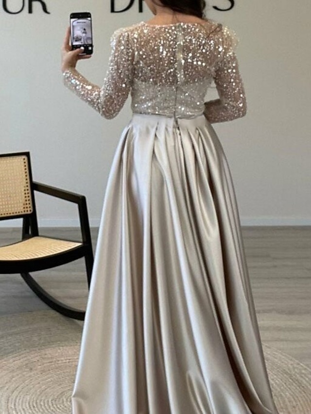 Mermaid Sequin Evening Gown Ruched Champagne Satin Dress Long Sleeves ...