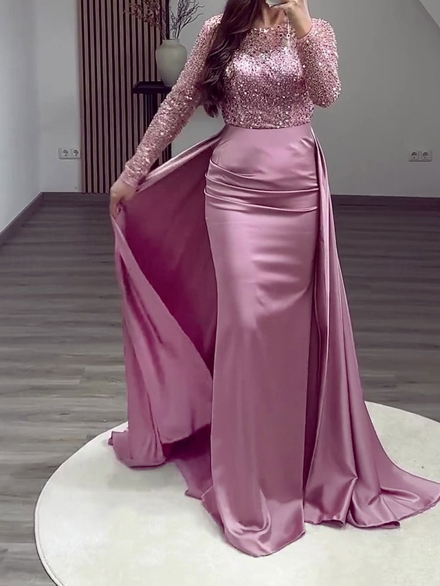 Mermaid Sequin Evening Gown Ruched Champagne Satin Dress Long Sleeves ...