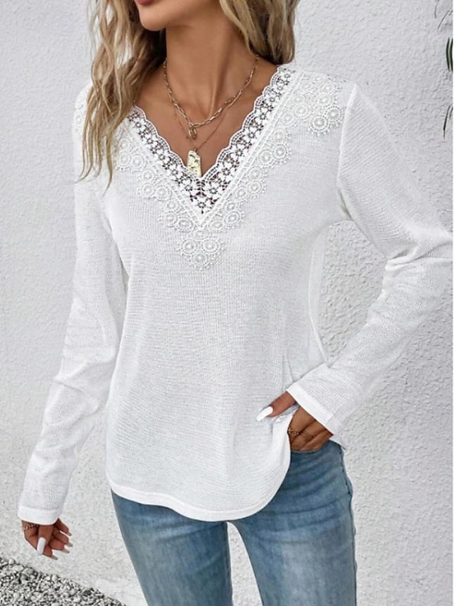 Women's White Elegant Lace Tops Eyelet Blouse Casual Lace Long Sleeve ...