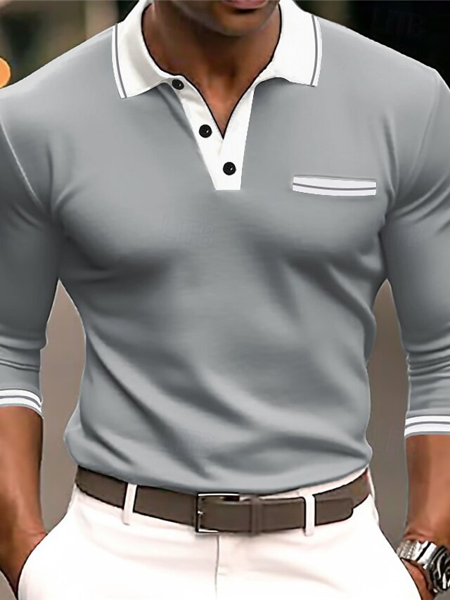 Men's Polo Shirt Button Up Polos Casual Holiday Lapel Long Sleeve ...