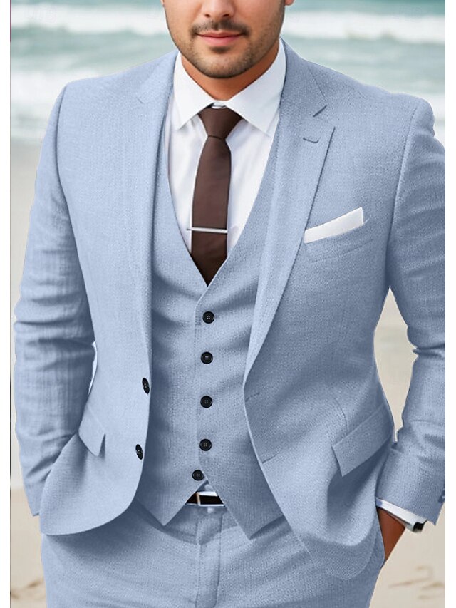 Masculino Casamento ternos de linho Azul Céu Cáqui Cor Sólida Moderno ...