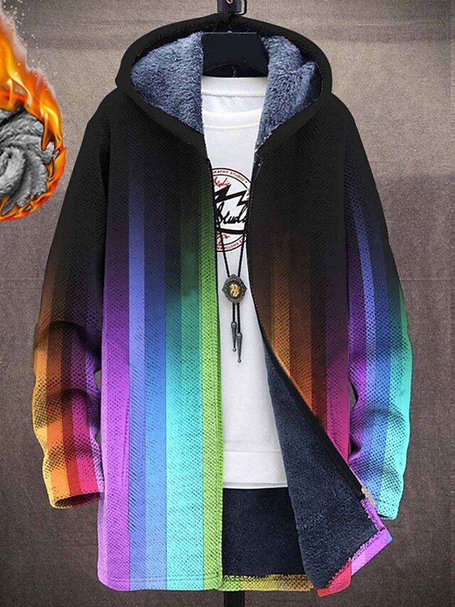 Men's Stripes Geometry Gradual Winter Coat Fleece Jacket Coat Warm ...