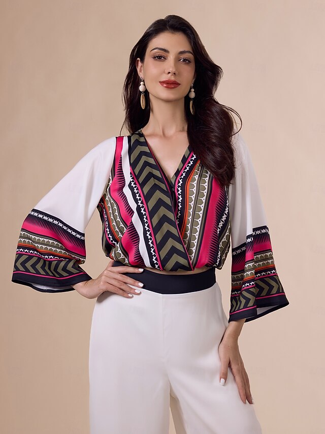 Satin Striped Ruched Flare Cuff Y Neck Blouse 2026 - $31.99