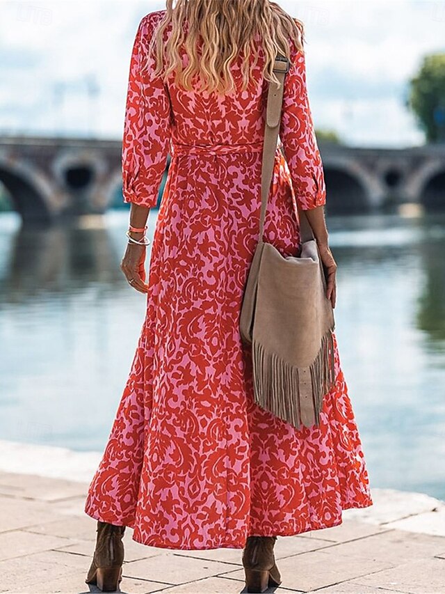 dames bloemenprint v-hals lange jurk maxi-jurk 3/4 mouw lente herfst 2025 - $46.99