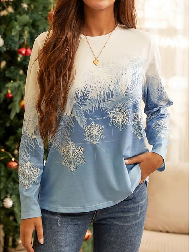 Women's T-Shirt Winter Snowflake Print Blue Gradient Casual Comfortable ...