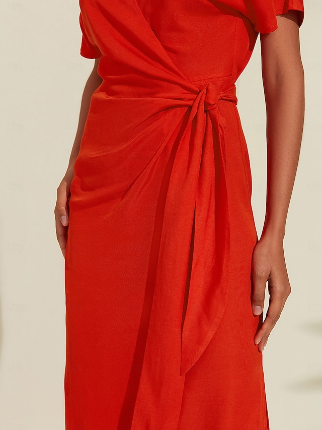 Women's Tencel Linen Orange Red V Neck Shirred Wrap Midi Dress 2026 ...