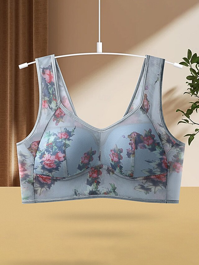 Women's Mesh Floral Print Bra Graphic Bra Wirefree Non Padded Full ...