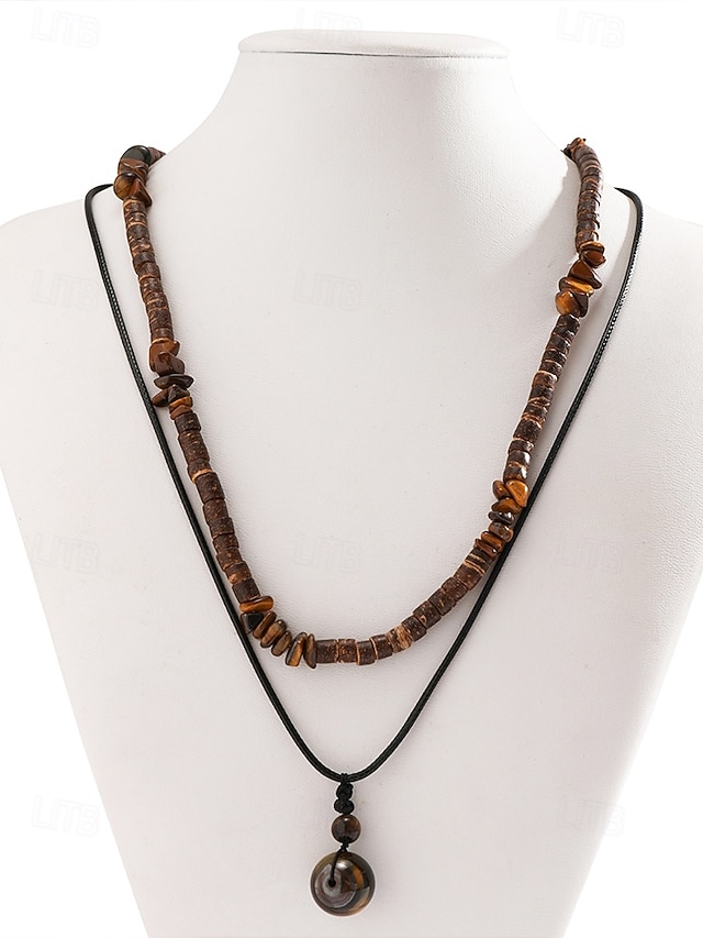 Collar bohemio en capas para hombre con cuentas de madera y colgante ...