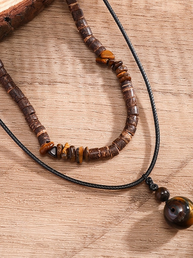 Collar bohemio en capas para hombre con cuentas de madera y colgante ...