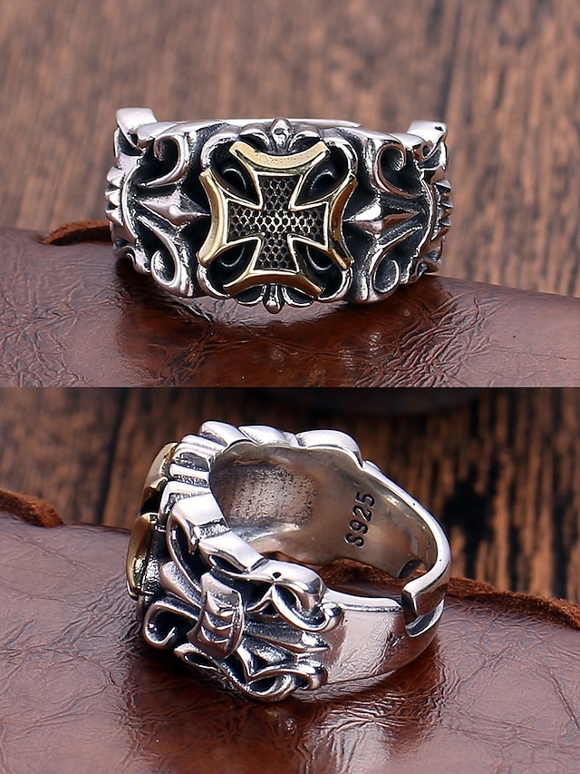 Men's Gothic Silver Ring with Cross Detail – Vintage Style Adjustable ...