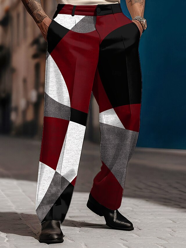 Men's Color Block Geometric Pattern Trousers Dress Pants Mid Waist ...
