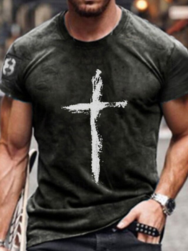 Men's Cross T Shirt Distressed T Shirt Short Sleeve T shirt Crew Neck ...