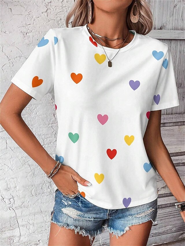Valentine Women's Heart T Shirt Cute Regular Tops Short Sleeve Round ...