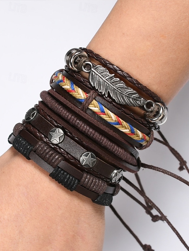 Men's Vintage Multi-Layer Leather Bracelet Set with Feather and Star ...