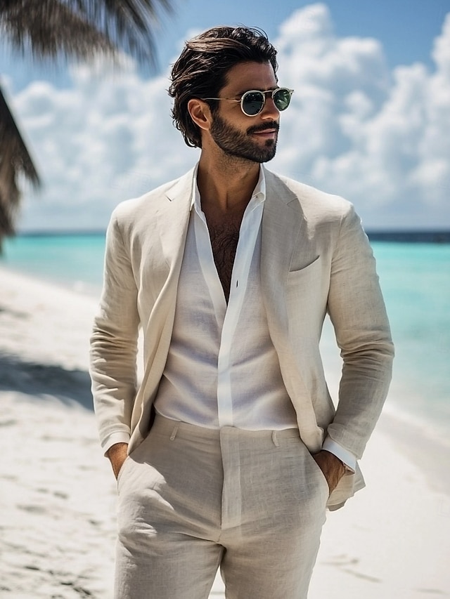 Men's Beach Wedding Linen Suits Notch Lapel Beige Solid Colored ...